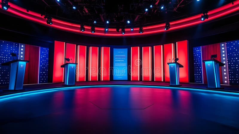 A Vibrant Debate Stage with Podiums, Microphones, and a Banner Stock ...