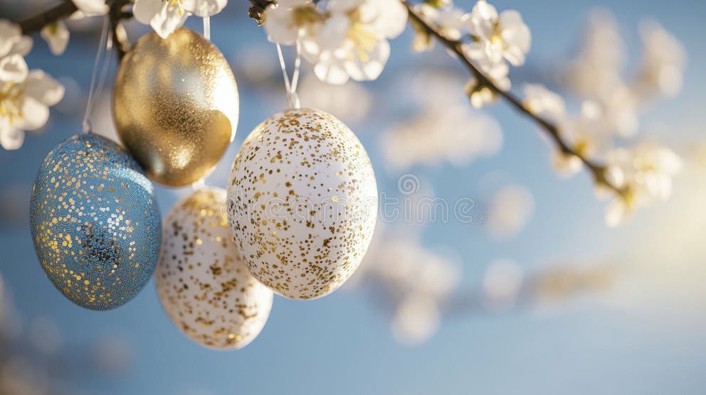 Vibrant Decorative Easter Eggs Dangling from Delicate Flowering ...