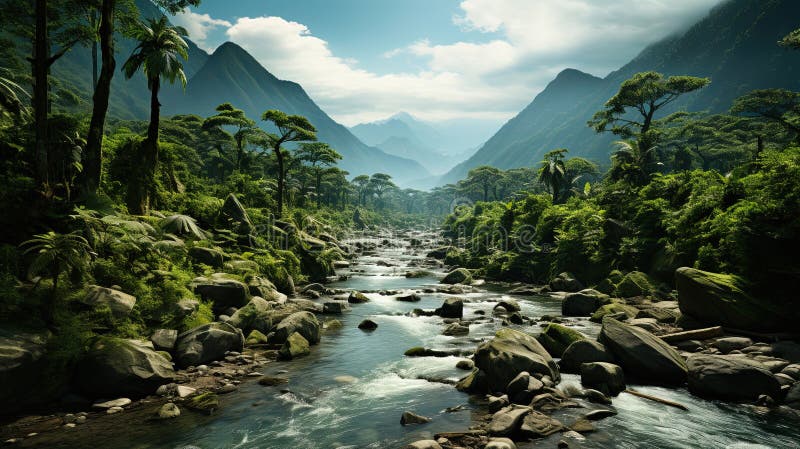 A Vibrant Dense Rain Forest with Mountains and Floating River Aerial ...