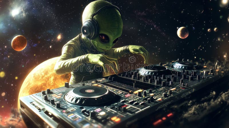 Alien DJ Mixing Music in Outer Space Stock Photo - Image of ...