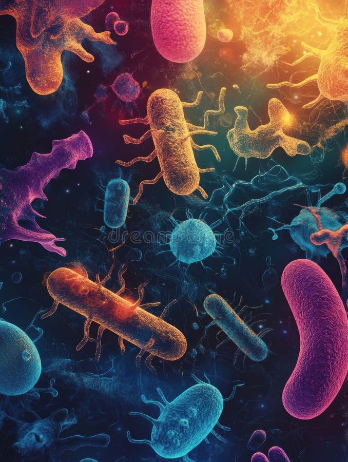Colorful Illustration Showcasing a Variety of Microscopic Microbes with ...