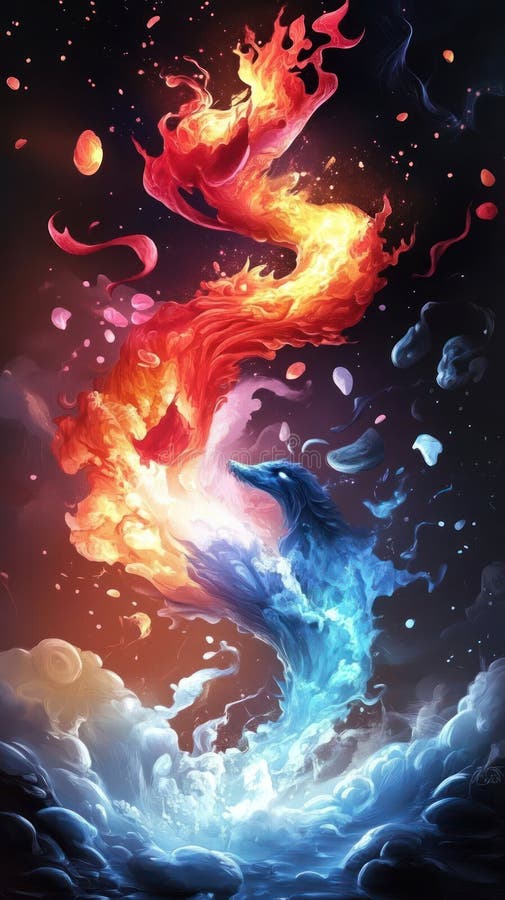 A Vibrant Depiction of a Fiery Red and Blue Creature Intertwining ...