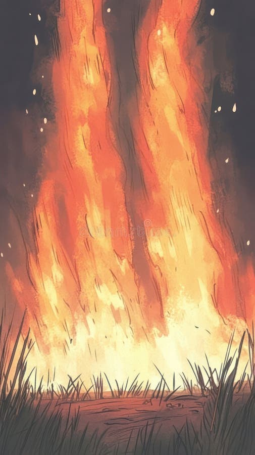 A Vibrant Depiction of Flames Rising from a Fire, Surrounded by Grass ...