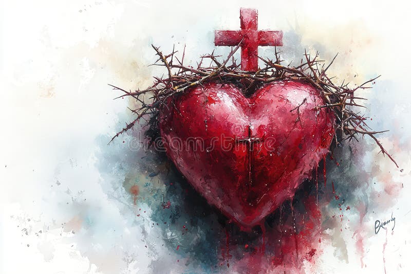A Sacred Heart Adorned with Thorns and Scripture Under a Cross Stock ...