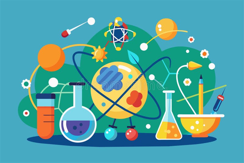 A Vibrant Depiction Includes an Atom Graphic, Laboratory Equipment, and ...