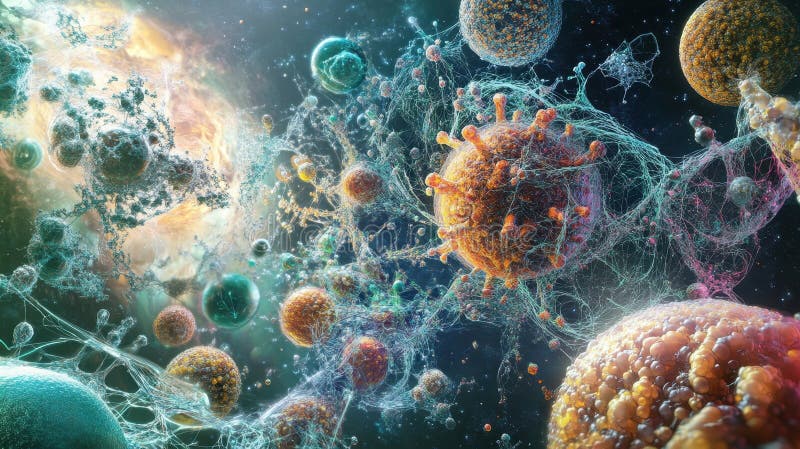 A Vibrant Depiction of Microscopic Life Forms and Cellular Structures ...