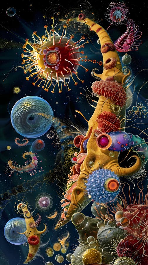 A Vibrant Depiction of Microscopic Life Forms in a Colorful, Abstract ...