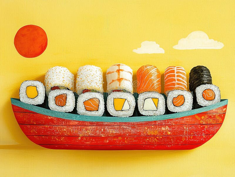 A Vibrant Depiction of a Sushi Boat Filled with Assorted Sushi ...