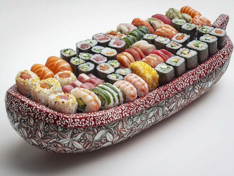 A Vibrant Depiction of a Sushi Boat Filled with Assorted Sushi ...