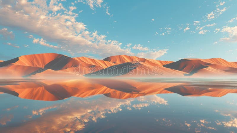 Vibrant Desert Dunes Reflected in a Tranquil Water Surface at Sunset ...