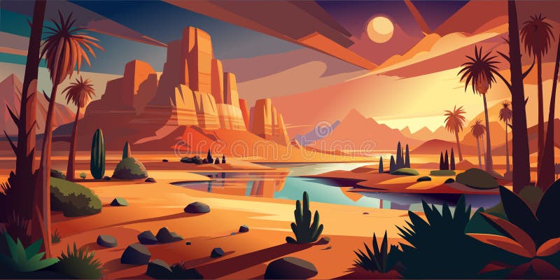 Vibrant Desert Landscape with River and Palm Trees at Sunset Stock ...