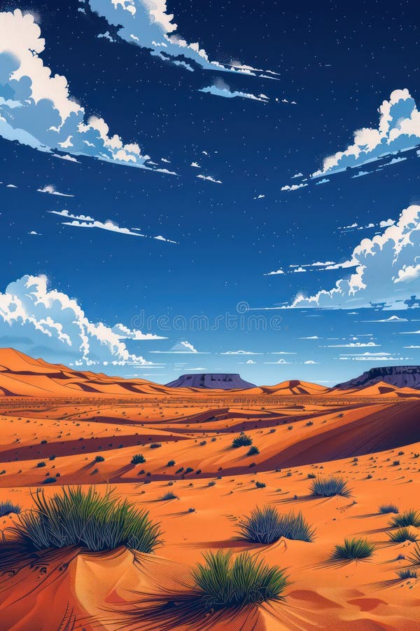 A Vibrant Desert Landscape with Rolling Dunes, Sparse Vegetation, and a ...