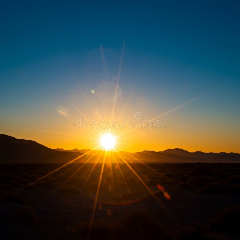 Vibrant Desert Sunset with Bright Sun Rays Stock Illustration ...