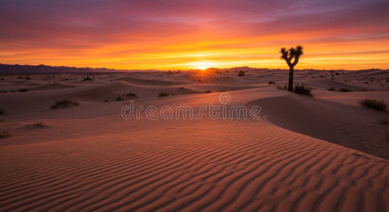 Vibrant Desert Sunset with Joshua Tree Silhouette Stock Illustration ...