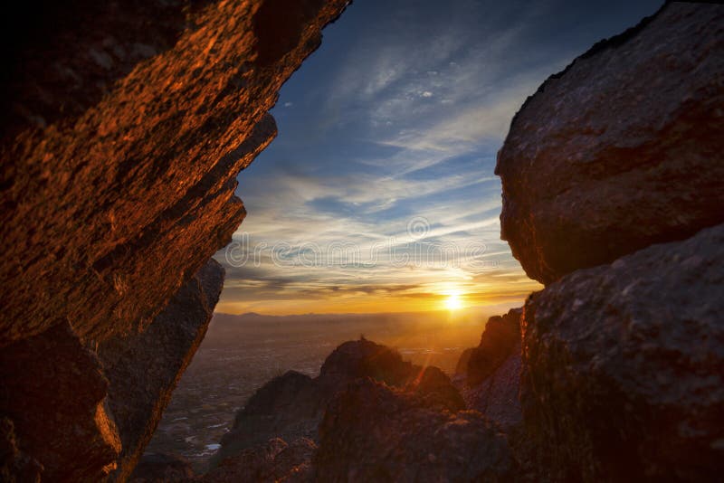 Vibrant Desert Sunset through Rocks Stock Image - Image of landscape ...