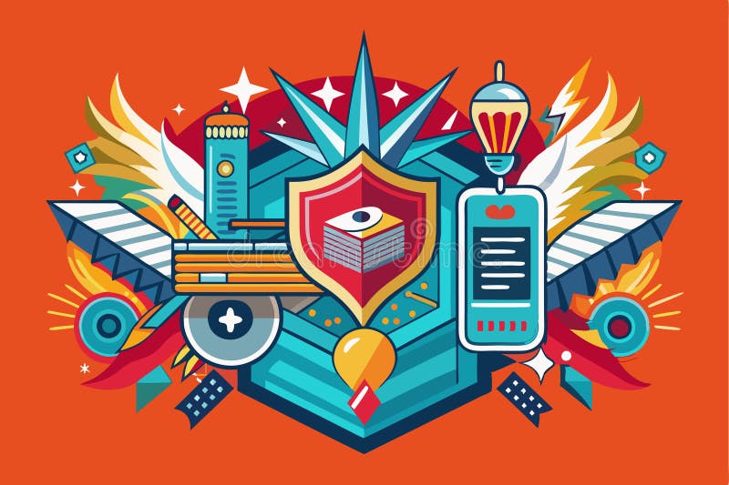 Vibrant Design Element Showcases a Shield, Unique Icons, and Decorative ...