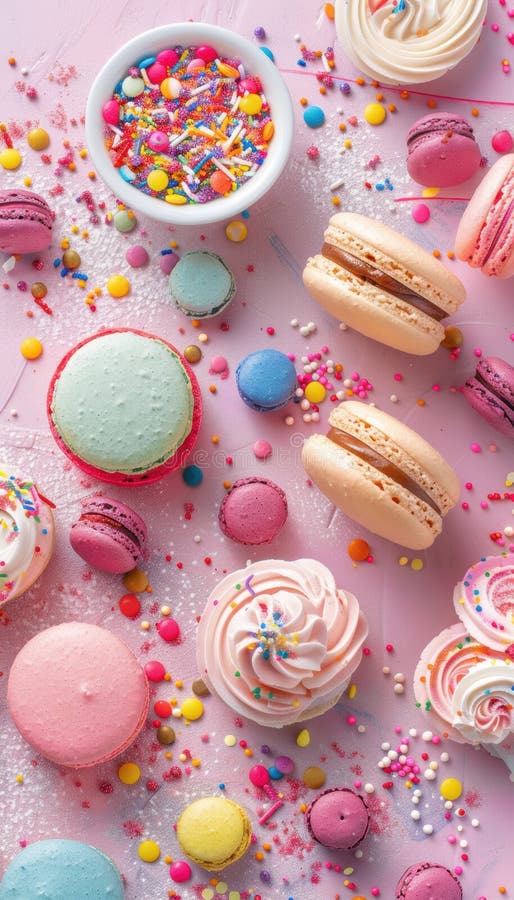 Vibrant Dessert Moodboard with Macaroons, Artisan Cakes, and Colorful ...