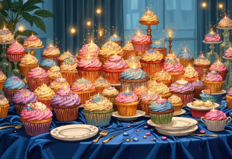A Vibrant Dessert Table Piled High with Colorful Cupcakes and Sparkling ...