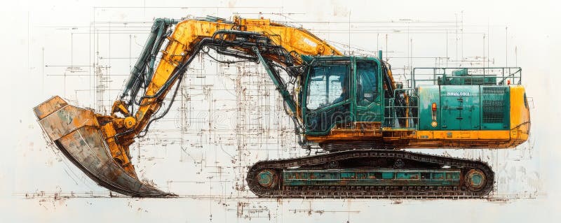 Side View of a Detailed Heavy Machinery Illustration with Technical ...