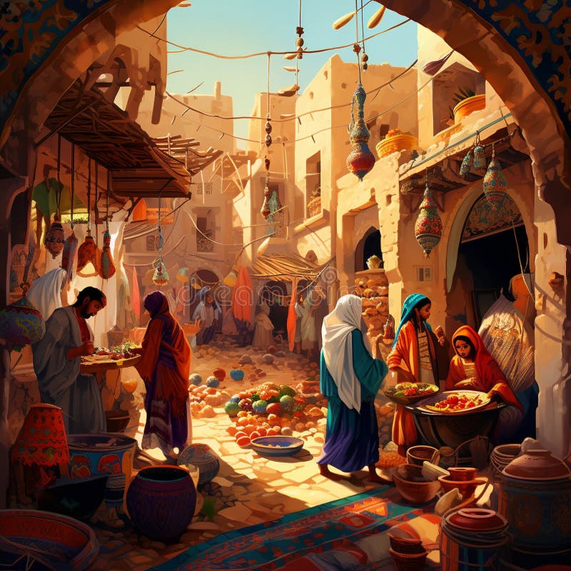 Vibrant and Detailed Digital Illustration of a Bustling Moroccan Bazaar ...