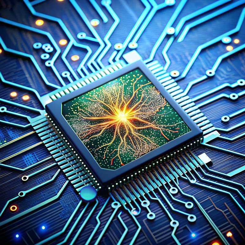 A Vibrant, Detailed Illustration of a Microchip with Glowing Circuits ...