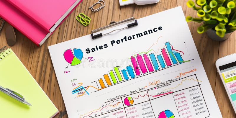 Colorful Sales Performance Analysis on Office Desk Stock Illustration ... Colorful Sales Performance Analysis on Office Desk Stock Illustration ...