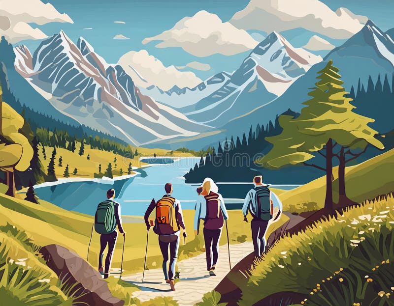 Vibrant Digital Art of Hikers Exploring a Scenic Mountain Trail Stock ...