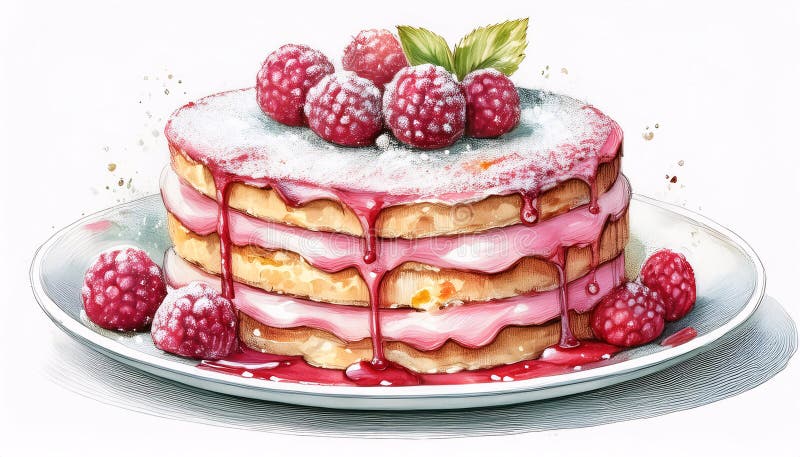 Vibrant Digital Art of a Raspberry Cake on a Plate with Dripping Glaze ...