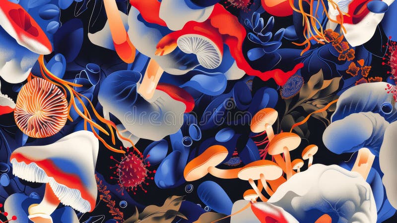 Vibrant Digital Artwork of Abstract Mushrooms and Marine Life Stock ...