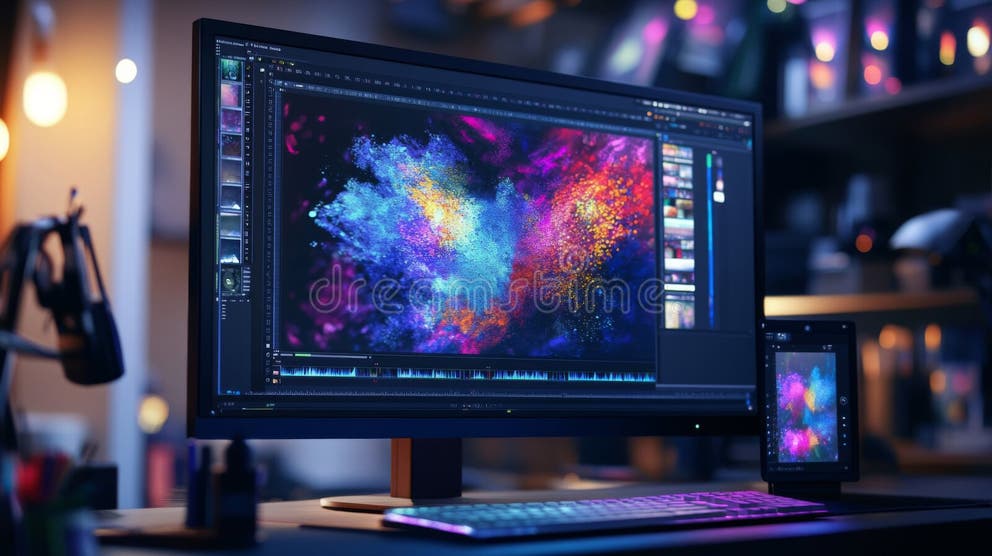 Vibrant Digital Artwork on a Computer Screen in a Dark Studio Stock ...