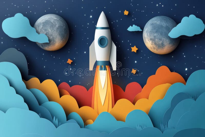 Rocket Launch Adventure Outer Space Digital Art Night Sky Aerial View ...