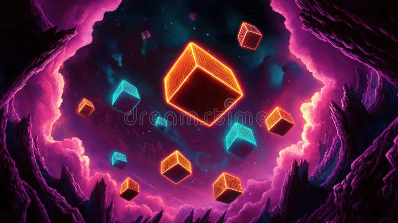 A Vibrant Digital Artwork Featuring Floating Cubes in a Cosmic ...