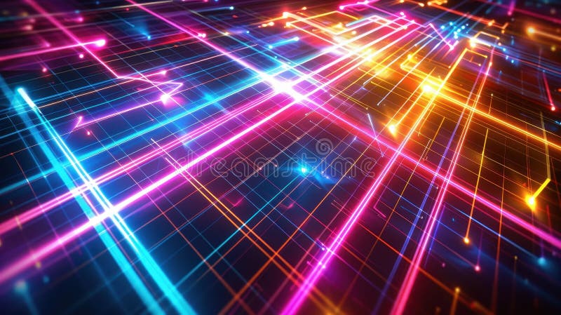 Abstract Neon Grid Pattern with Glowing Lines Stock Illustration ...