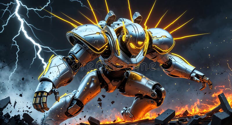 Futuristic Humanoid Robot in Dynamic Pose Bursting into Action Stock ...