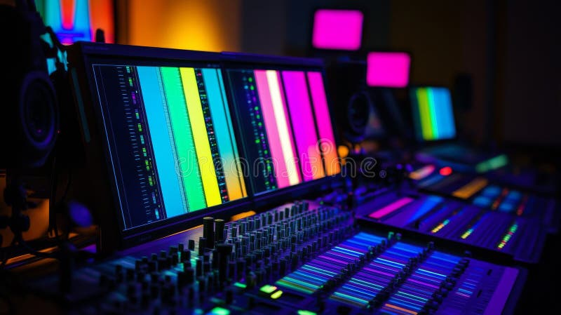 Vibrant Digital Audio Mixing Console with Colorful Display Screens ...