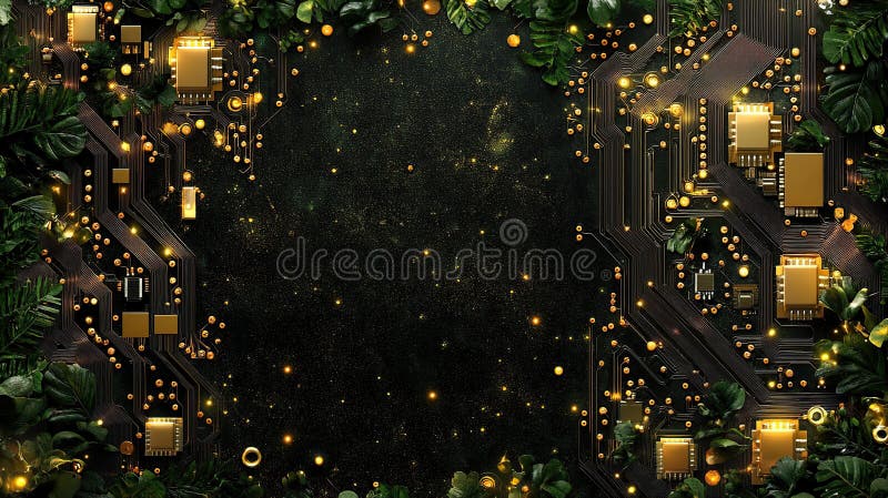 A Vibrant Digital Circuit Board Design Surrounded by Lush Green Foliage ...