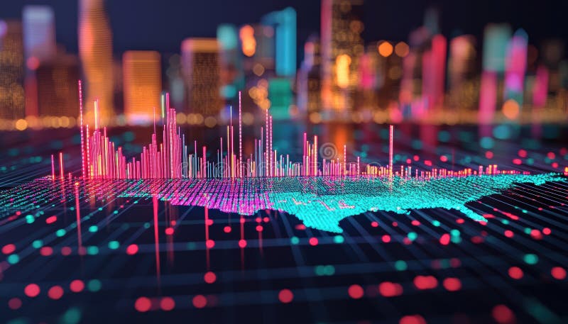 Vibrant Digital Cityscape with Colorful Data Visualizations at Night ...