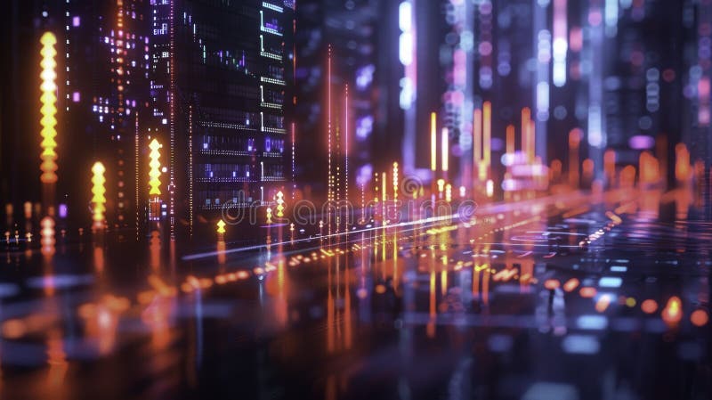 A Vibrant Digital Cityscape with Glowing Lights and Reflections ...