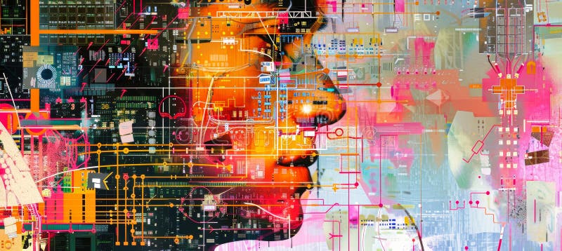 A Vibrant Digital Collage Featuring Two Faces Layered Over a Complex ...