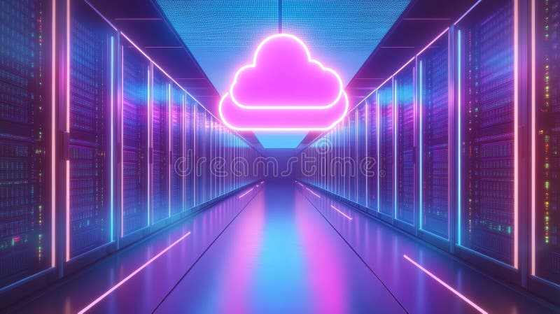 A Vibrant Digital Corridor Featuring Neon Cloud Symbols, Representing ...