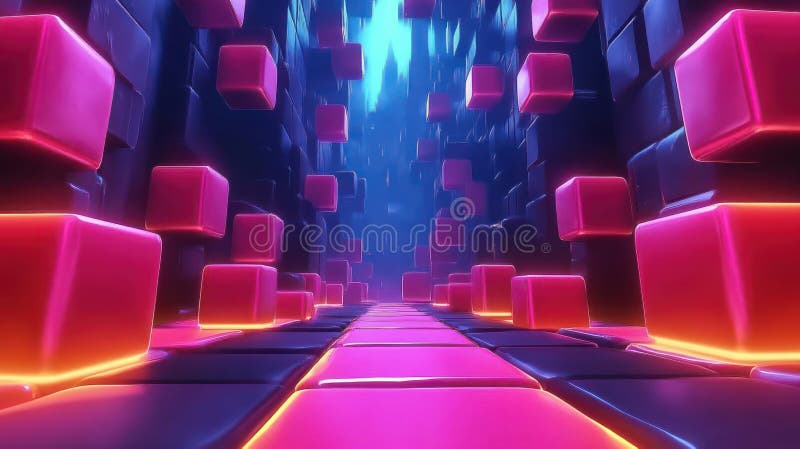 A Vibrant Digital Corridor with Glowing Cubes and a Neon Pathway Stock ...
