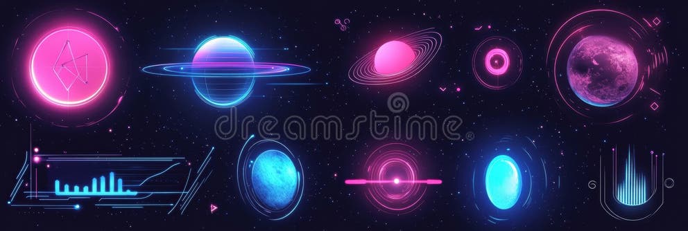 Vibrant Digital Cosmic Elements Illustrating Planets, Rings, and Data ...