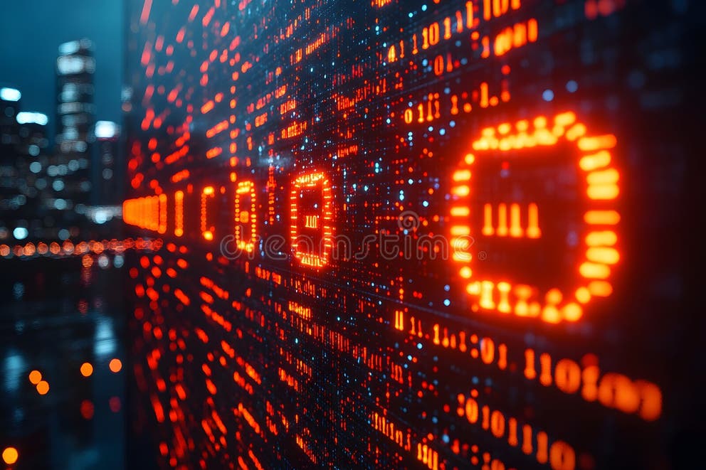 Digital Data Stream and Binary Code Display in High-Tech Urban Environment Generative AI Stock ...