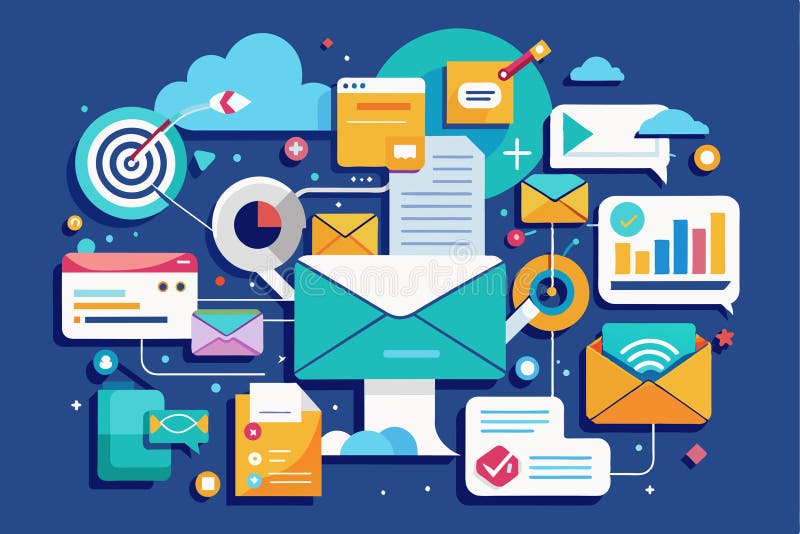 A Vibrant Digital Design Featuring Various Email Icons, Charts, and ...