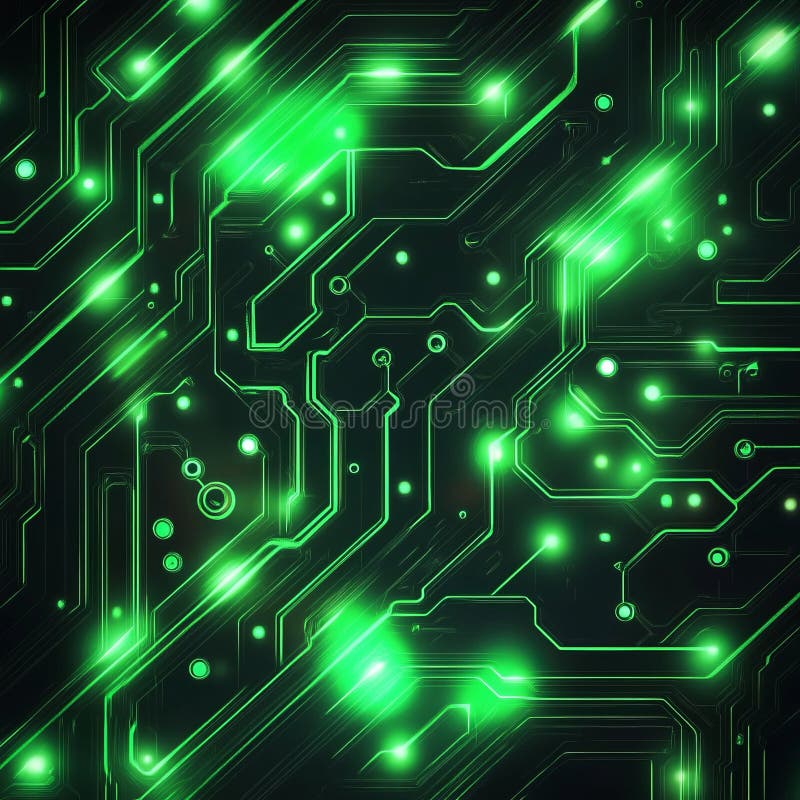 Luminous Green Circuit Pattern with Glowing Lines and Dots on Dark ...