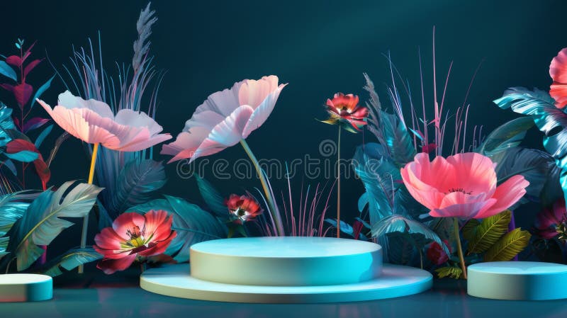 Vibrant Digital Floral Display with Modern Circular Podiums. Stock ...