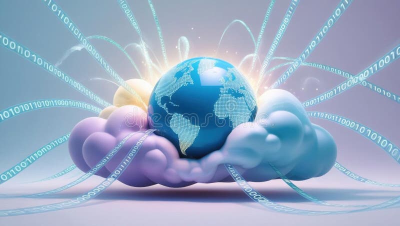 Vibrant Digital Globe Surrounded By Binary Code Streams Flowing Into Glowing Cloud Symbolizing