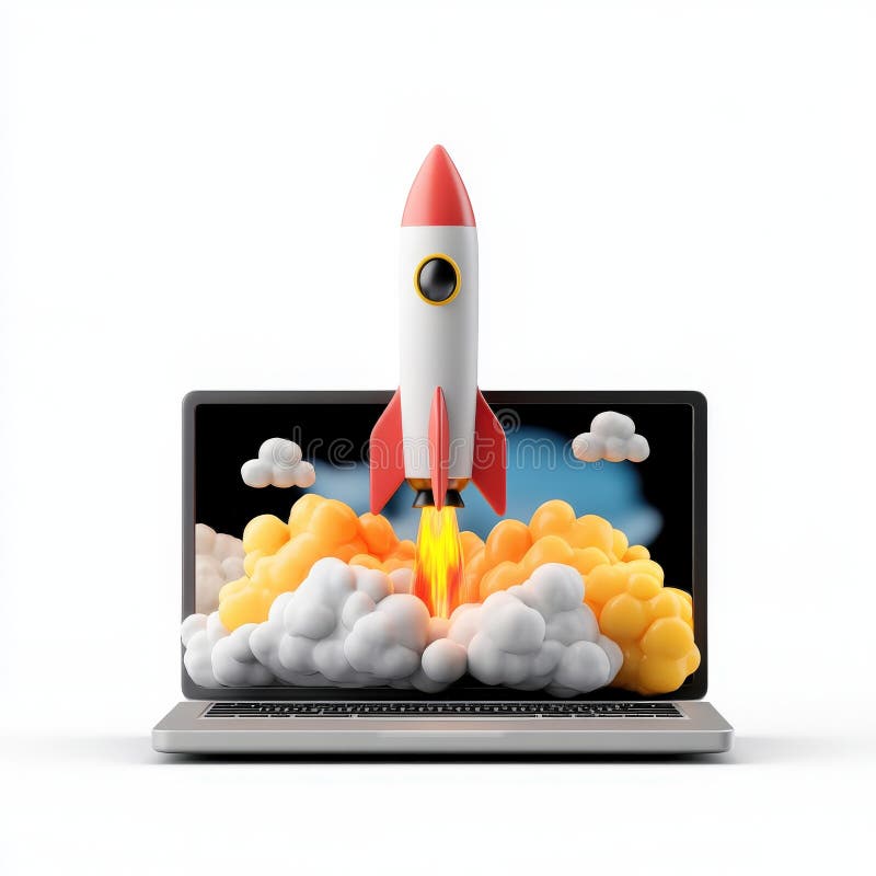 Vibrant Digital Illustration of Rocket Launching from Laptop Screen ...