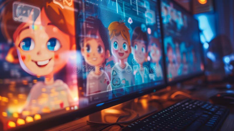 Vibrant Digital Illustrations on Multiple Computer Monitors Stock Photo ...