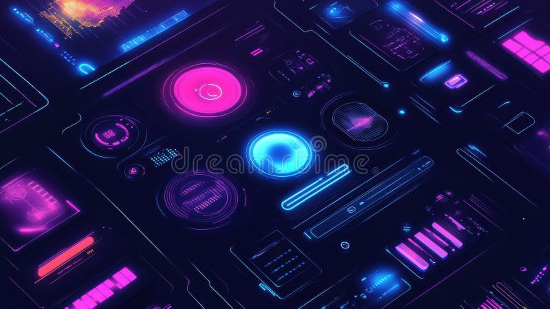 Abstract Digital Interface Featuring Vibrant Colors and Various Interactive Elements in a ...